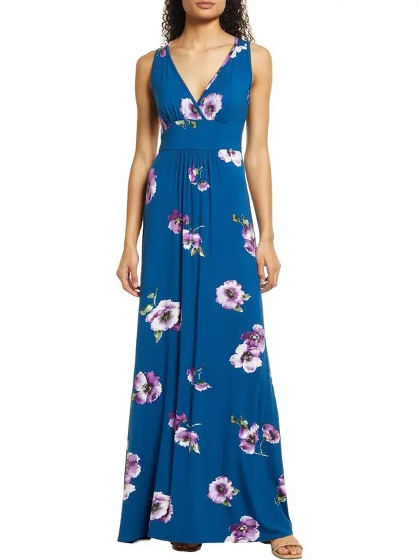 Loveappella Floral Empire Waist Maxi Dress - Teal