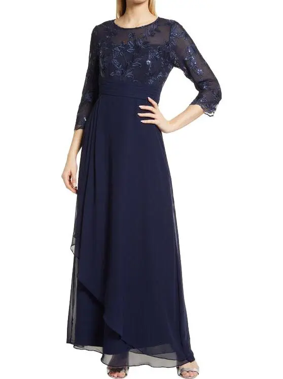 Alex Evenings Sequin Embroidered Bodice Gown - Navy