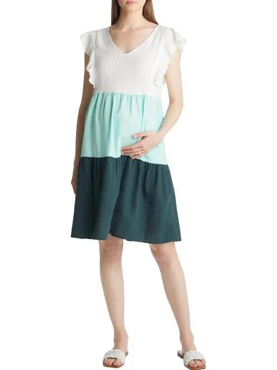 ANGEL MATERNITY Color Block Tiered Maternity/nursing Dress - Green