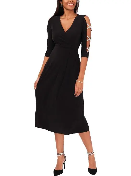 Chaus Rhinestone Sleeve Wrap Front Knit Midi Dress - Black 001