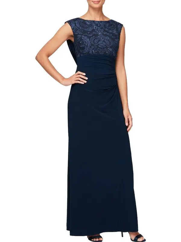 Alex Evenings Sequin Floral Bodice Cowl Back Gown - Navy