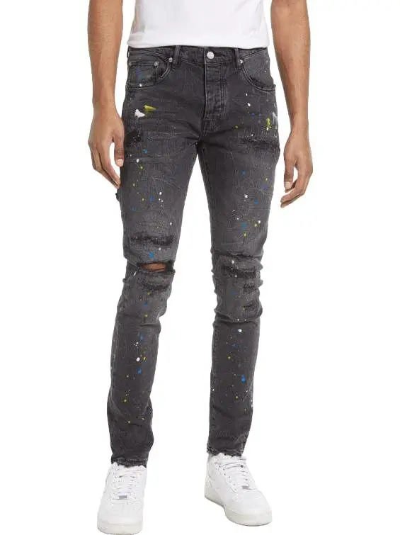 PURPLE BRAND Paint Splatter Ripped Knee Skinny Jeans - Black Reflective Repair W/paint