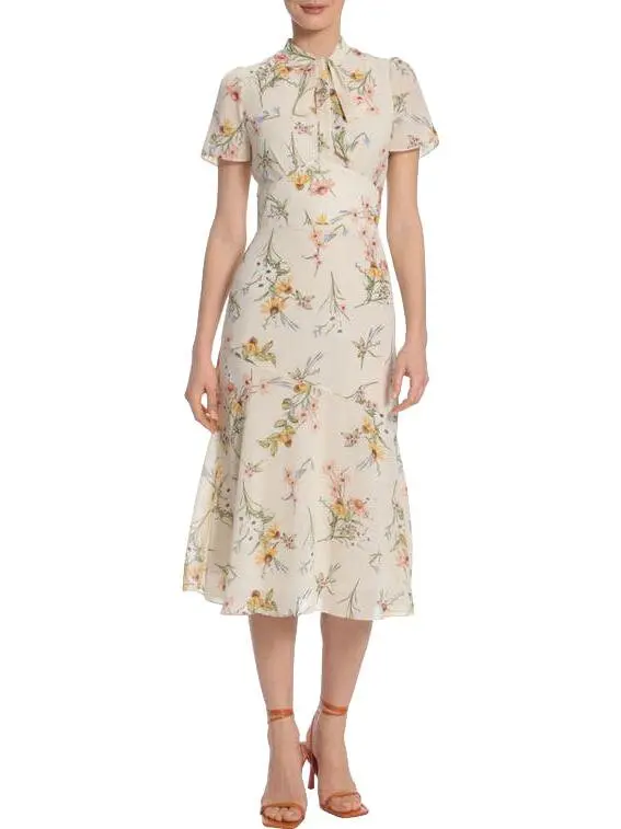 Maggy London Tie Neck Floral Print Midi Dress - Cream/ Apricot