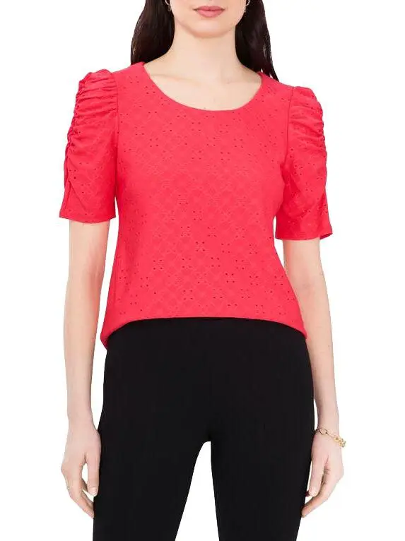 Chaus Eyelet Ruched Sleeve Top - Geranium
