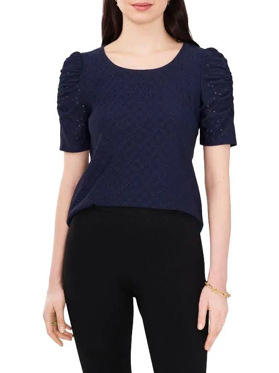 Chaus Eyelet Ruched Sleeve Top - Navy 410