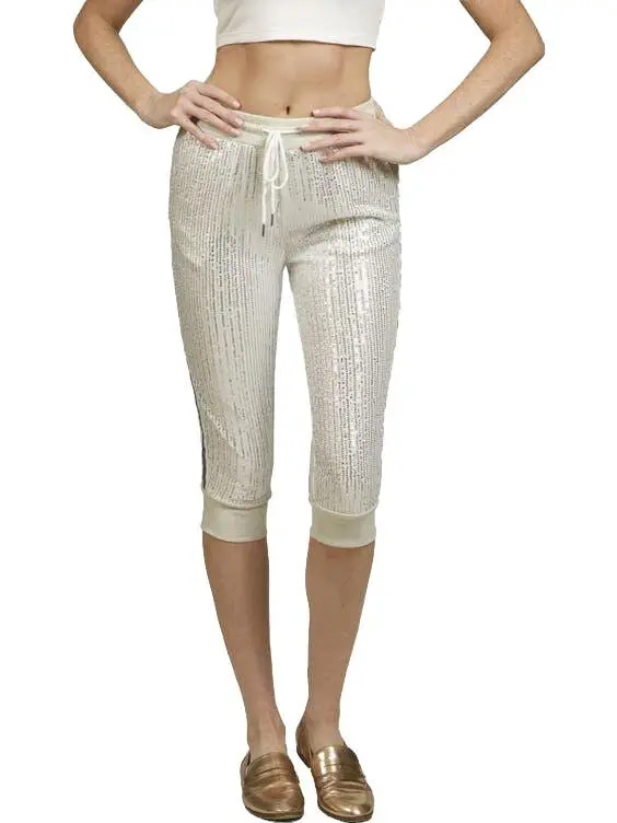NIKKI LUND Sequin Side Stripe Capri Pants - Silver