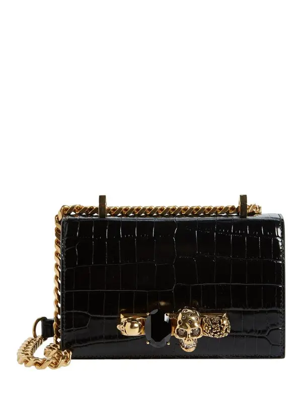Alexander McQueen Mini Jeweled Croc Embossed Leather Satchel - Black