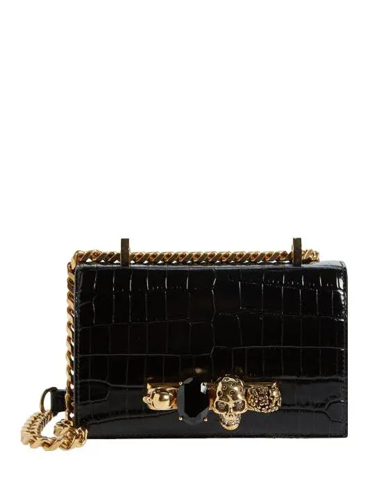 Alexander McQueen Mini Jeweled Croc Embossed Leather Satchel - Black