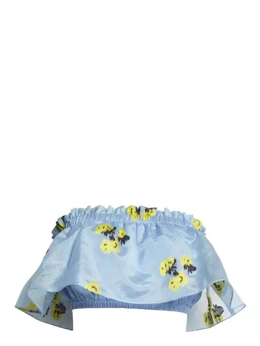 Tanya Taylor Zoya Strapless Floral Print Ruffle Top - Summer Blossom Oxford Blue