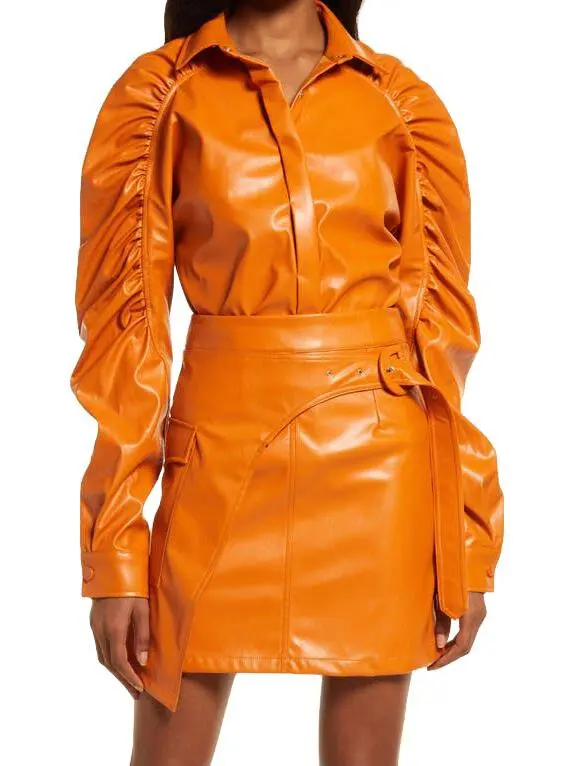 AMY LYNN Ruched Puff Sleeve Faux Leather Shirt - Tan