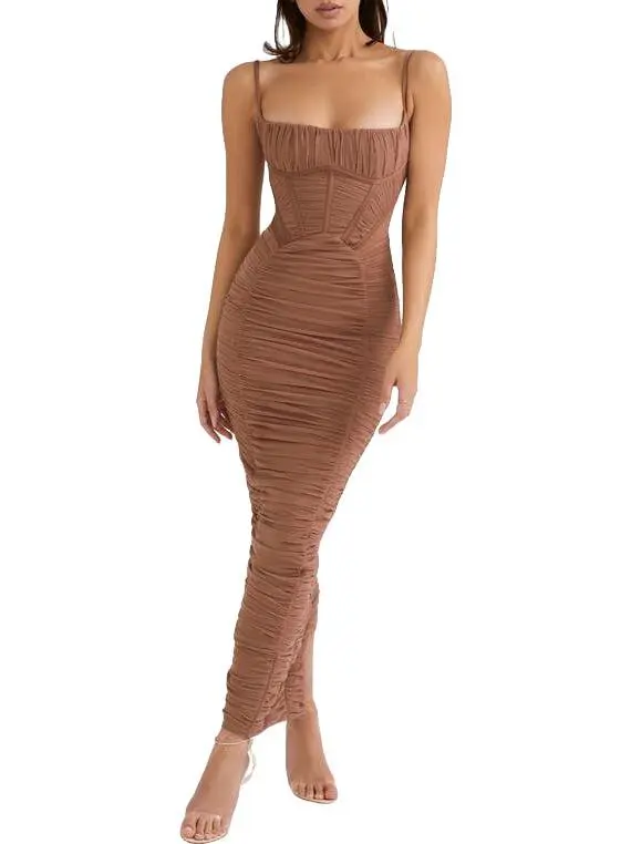 House Of Cb Lilian Corset Ruched Dress - Mocha