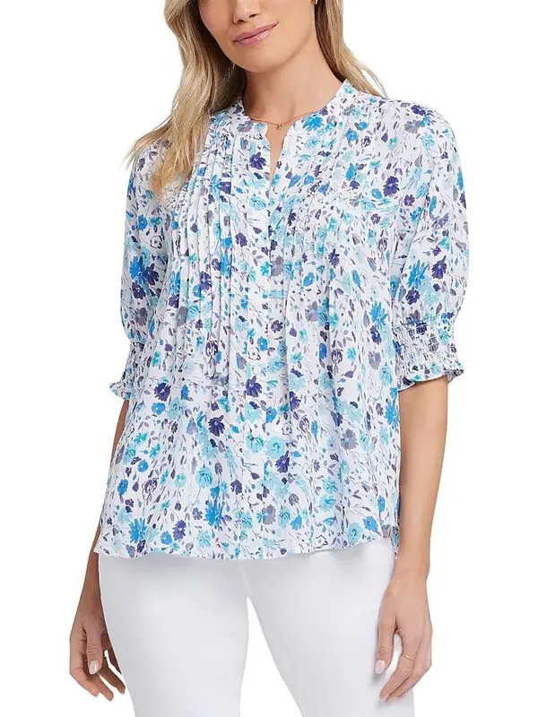 NYDJ Floral Print Pleated Peasant Top - Jimena Garden