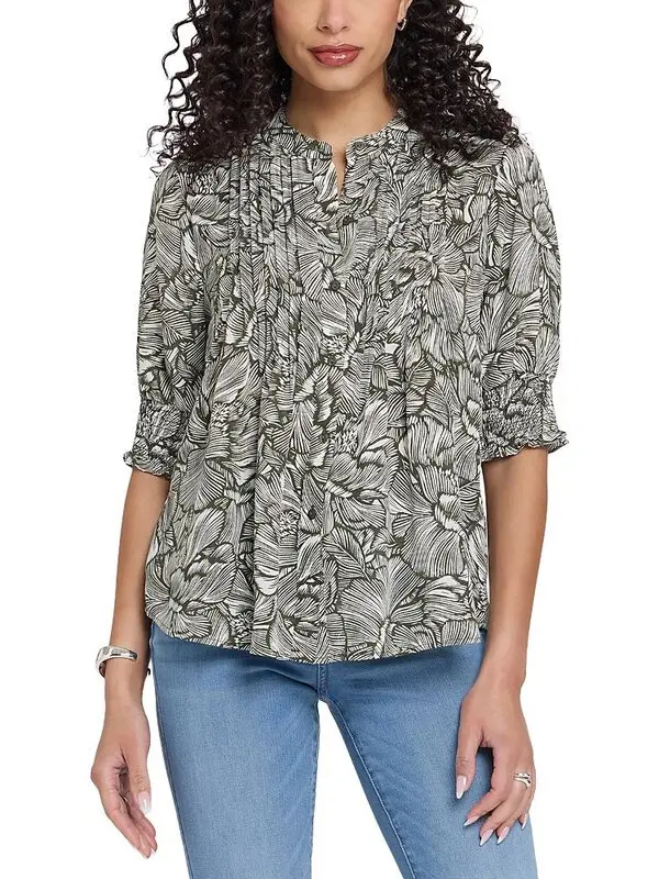 NYDJ Floral Print Pleated Peasant Top - Leafy Rose