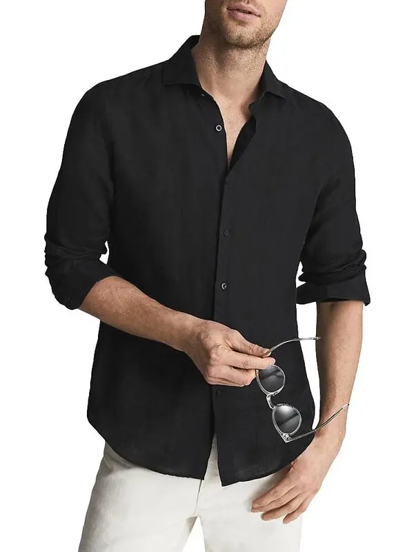 REISS Ruban Long Sleeve Linen Shirt - Black