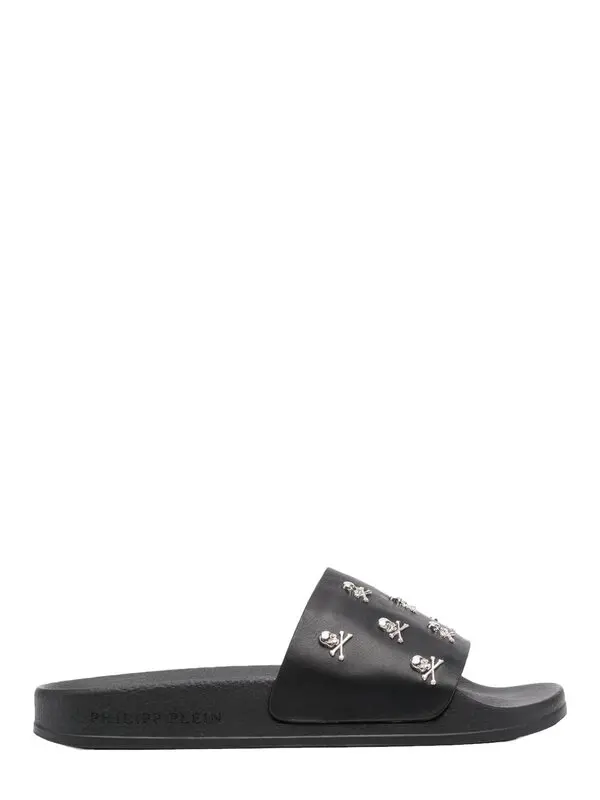 Philipp Plein Crystal Skull Leather Slides - Black