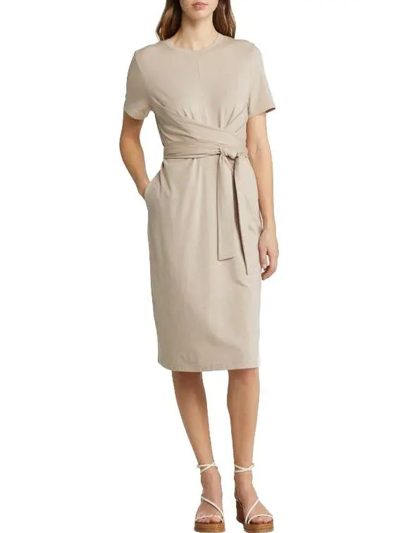 Nordstrom Signature Tie Front Short Sleeve Midi Dress - Tan Cobblestone