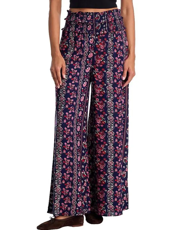 Aqua Smocked Waist Wide Leg Pants - Navy