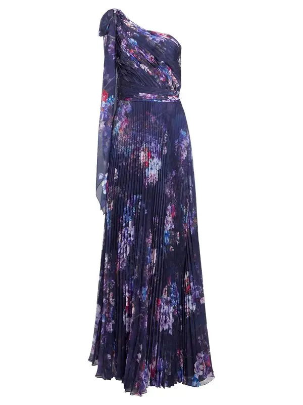 Marchesa One-shoulder Floral-print Chiffon Gown - Navy
