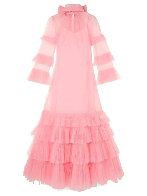 Huishan Zhang Elisha Tiered Silk-tulle Gown With Tie Detail - Pink