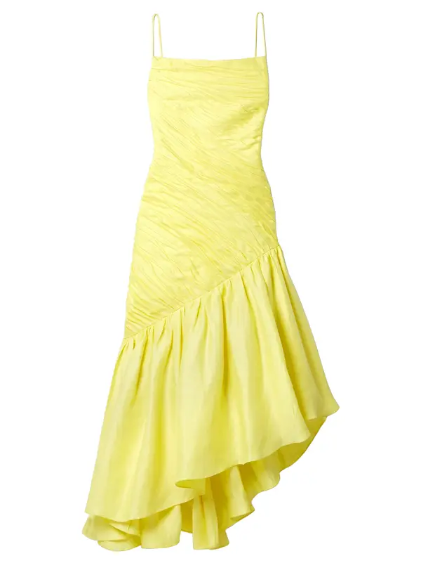 RASARIO Asymmetric Ruffled Linen-blend Dress - Yellow