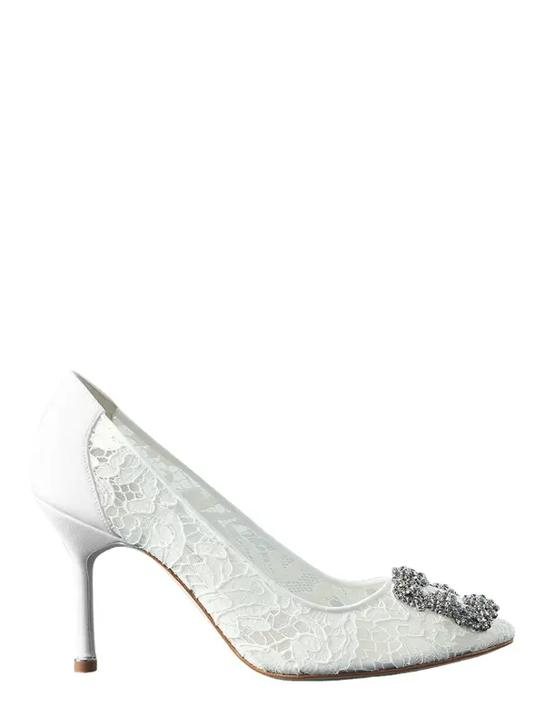 Manolo Blahnik Hangisi 90 Corded Lace Pumps - White