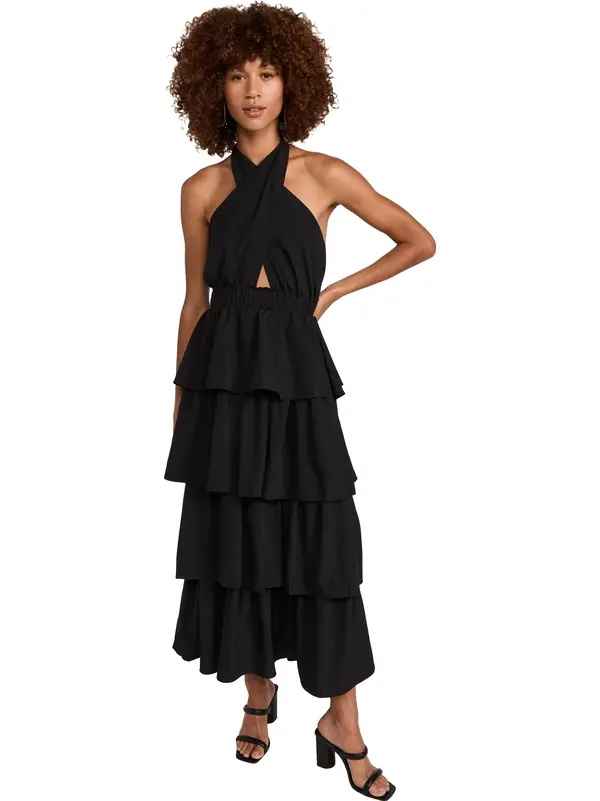 Endless Rose Crossed Halter Neck Tiered Maxi Dress - Black