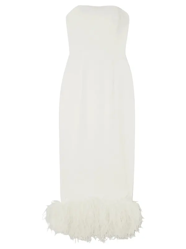 16Arlington Minelli Strapless Feather-trimmed Crepe Midi Dress - White