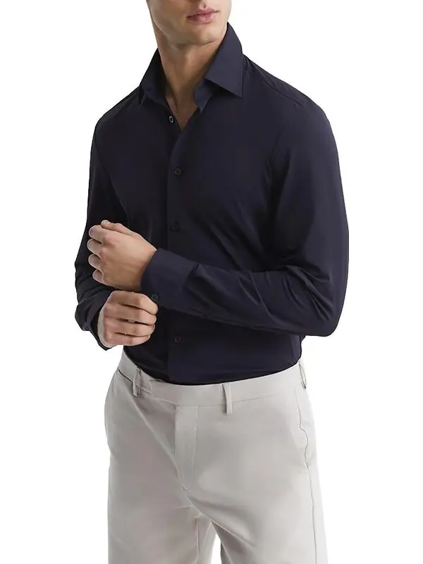 REISS Voyager Stretch Performance Solid Regular Fit Button Down Travel Shirt - Navy