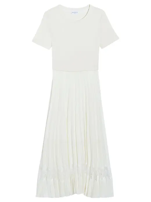 Claudie Pierlot Lace-insert Pleated Cotton Midi Dress - Naturels