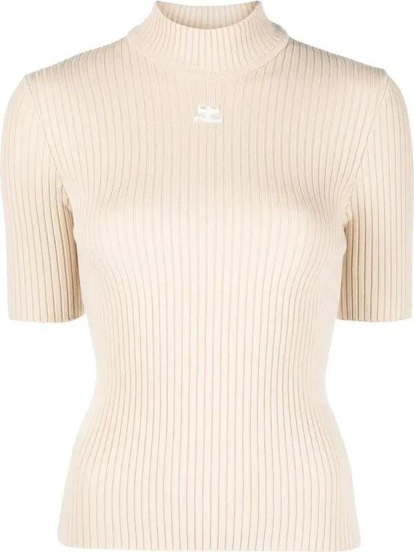 COURREGES Embroidered Logo Ribbed Knitted Top - Neutrals