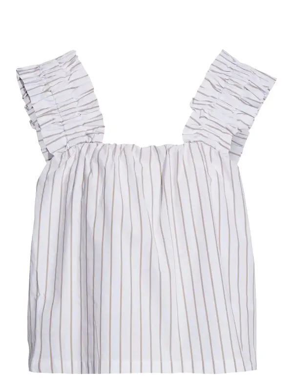FRAME Cropped Ruffle-trimmed Striped Organic Cotton-poplin Top - White