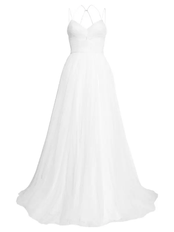 Theia Belted Twist-front Pleated Tulle Bridal Gown - Ivory
