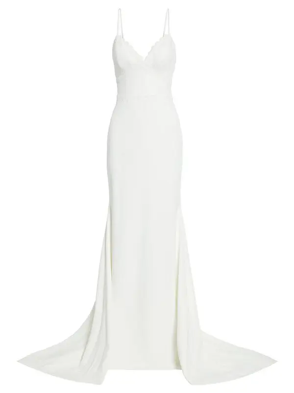 Theia Button-embellished Embroidered Lace And Crepe Bridal Gown - Off-white