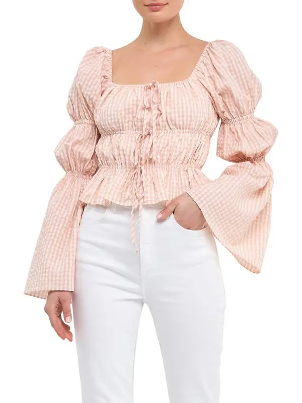 English Factory Front Tie Shirred Puff Sleeve Top - Blush
