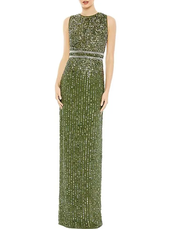 Mac Duggal Sequined High Neck Sleeveless Column Gown - Olive
