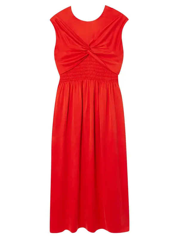 Tove Mahaney Gathered Smocked Silk Midi Dress - Red