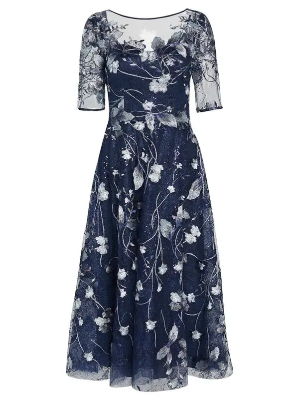 Rickie Freeman For Teri Jon Floral-embroidered Tulle Cocktail Dress - Navymulti