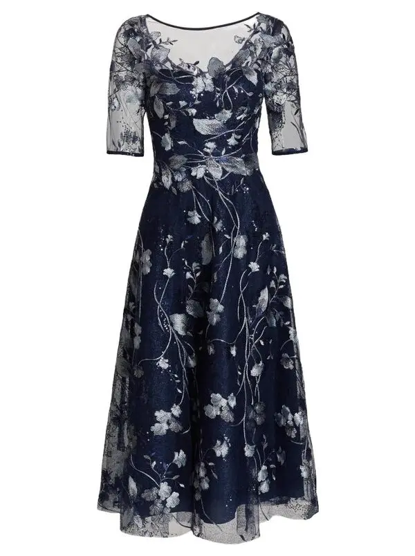 Rickie Freeman For Teri Jon Embroidered Tulle Tea Dress - Navy Multi