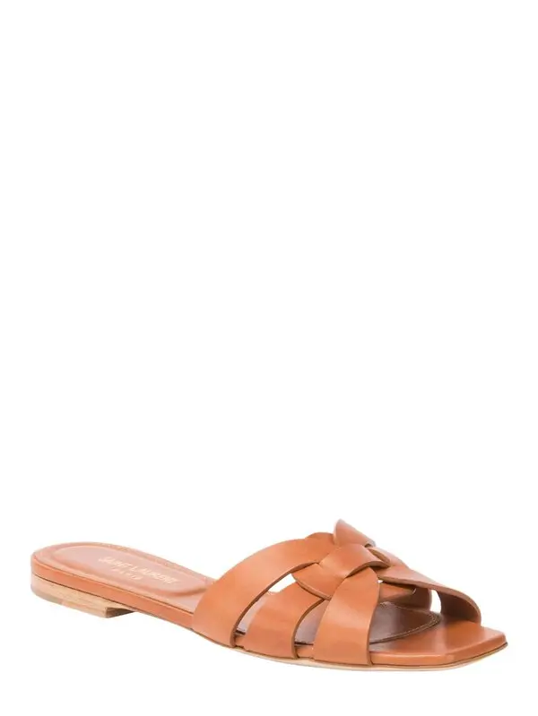 Saint Laurent Woven Leather Slide Sandal - Brown