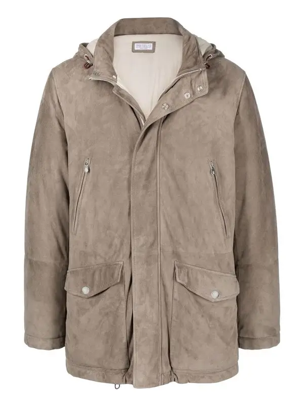 Brunello Cucinelli Zipped-up Leather Hooded Coat - Grey