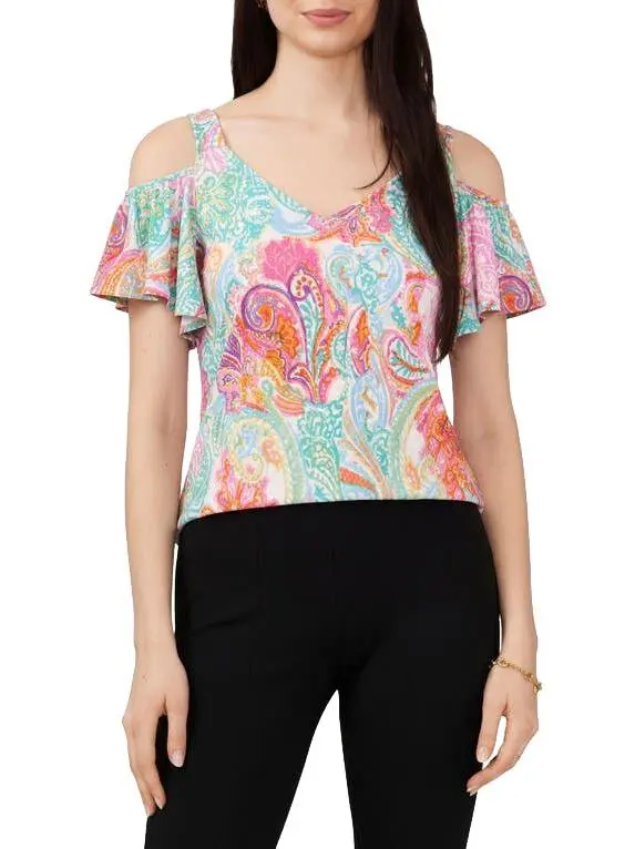 Chaus Print Cold Shoulder Top - Aqua/pink/multi