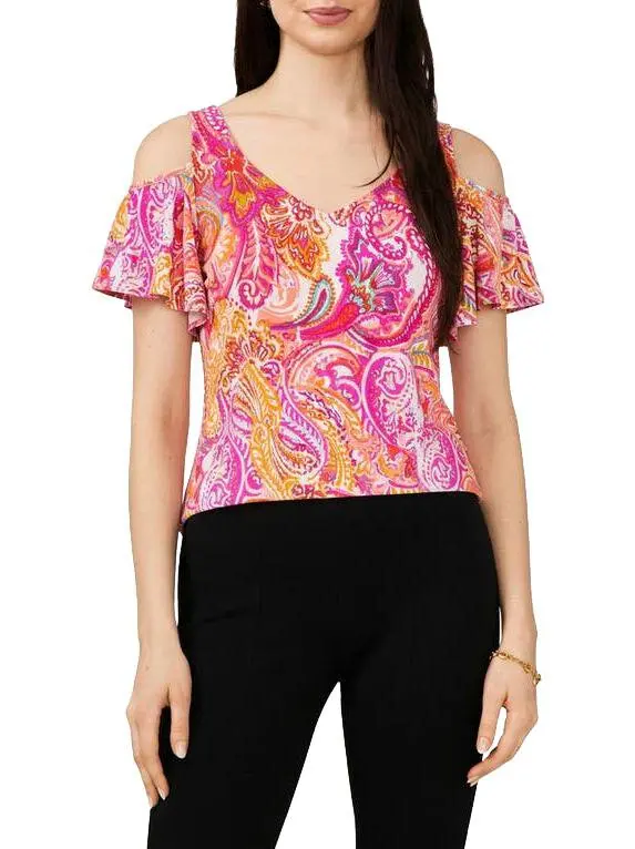 Chaus Print Cold Shoulder Top - White/fuchsia/mustard