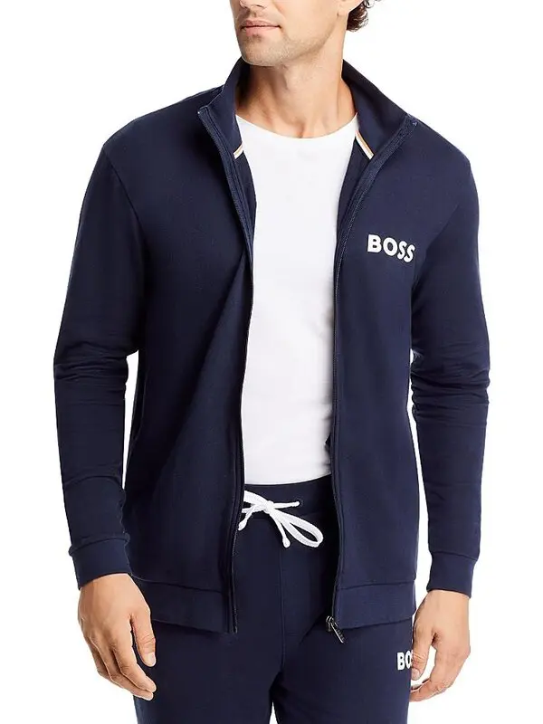 BOSS Ease Cotton Logo Print Full Zip Regular Fit Jacket - Dark Blue