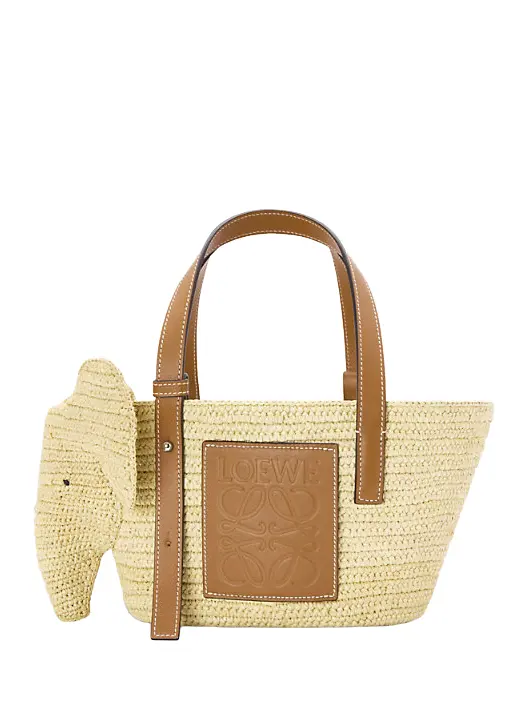 Loewe Small Elephant Raffia And Leather Shoulder Bag - Natural/tan