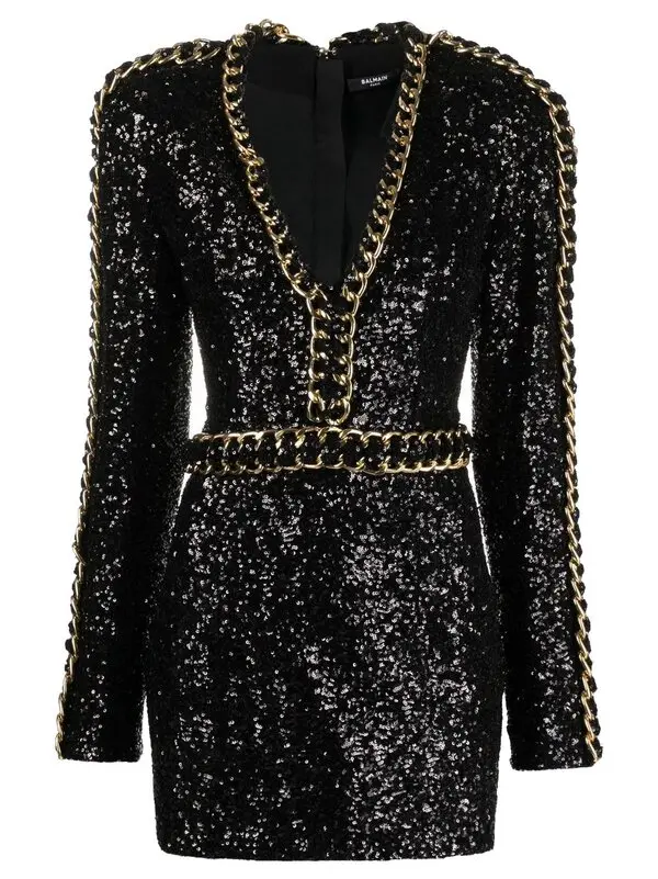 Balmain Chain-trim Sequin Dress - Black