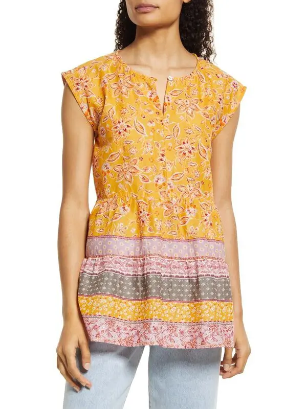 BEACHLUNCHLOUNGE Jessa Border Print Cotton Top - Papaya Lilies