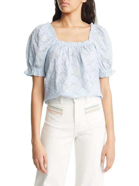 & Other Stories Puff Sleeve Cotton Eyelet Top - Light Blue Embroidery