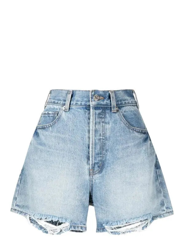 We11Done Light Wash Ripped Denim Shorts - Blue