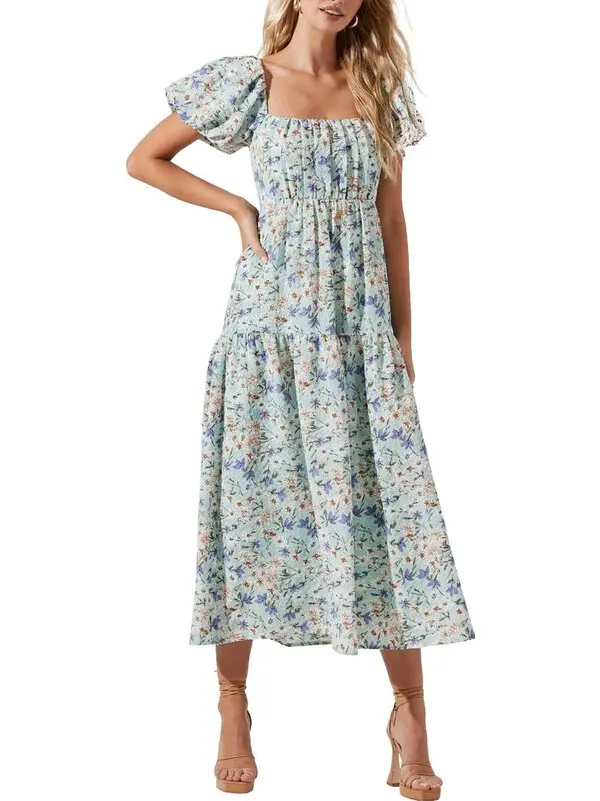 Astr The Label Puff Sleeve Floral Cotton Midi Dress - Blue Green Multi Floral