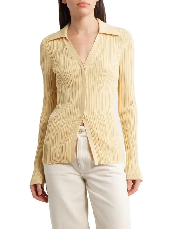 & Other Stories Collared V-neck Rib Cardigan - Yellow Light